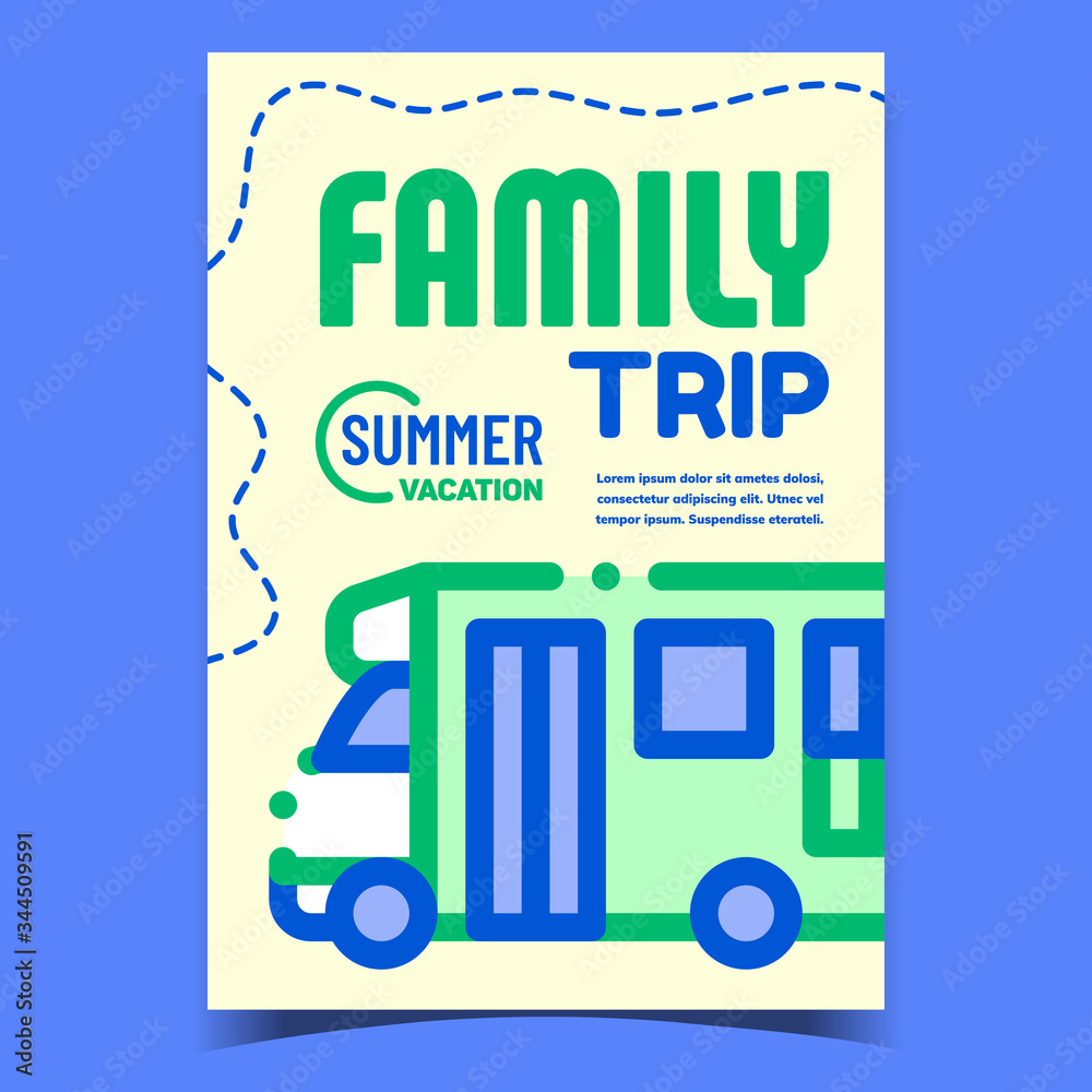 Family Trip Creative Advertising Poster Vector. Trailer, Caravan Mobile ...