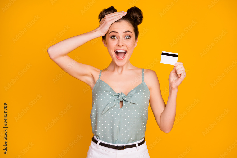 Portrait of astonished crazy girl get vip credit card impressed she can ...