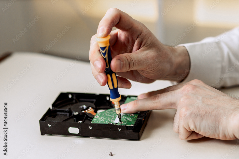 Hard disk drive (HDD). Image of the inside of the hard drive on the ...