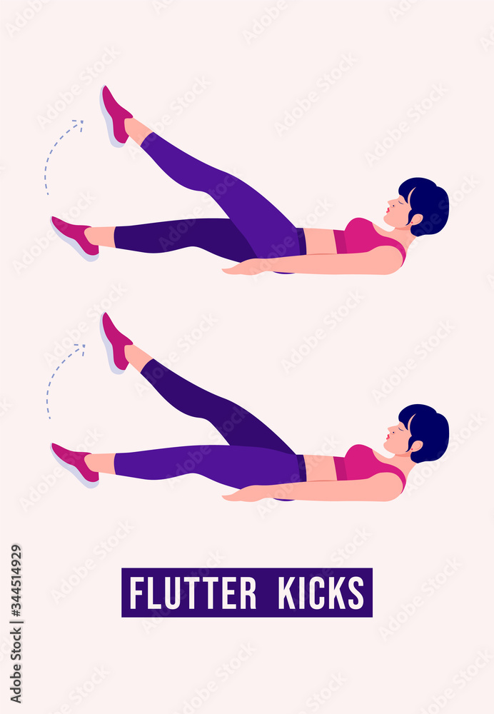Vetor de Girl doing Flutter Kicks exercise, Woman workout fitness ...