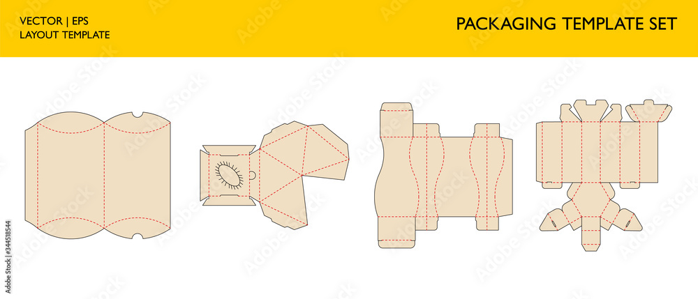 Packaging box template set. Editable blueprint layout. Cutting and ...