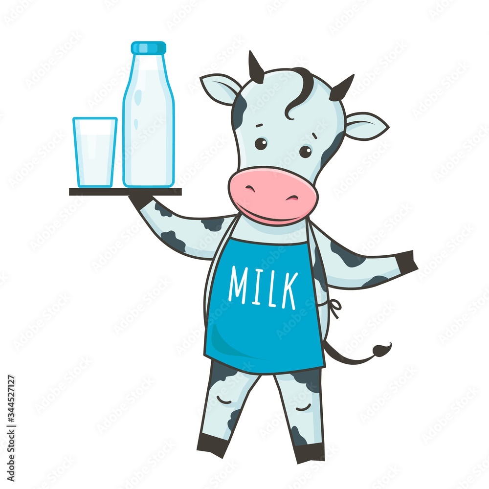 Cute dairy cow cartoon character in kawaii style holding milk bottle ...