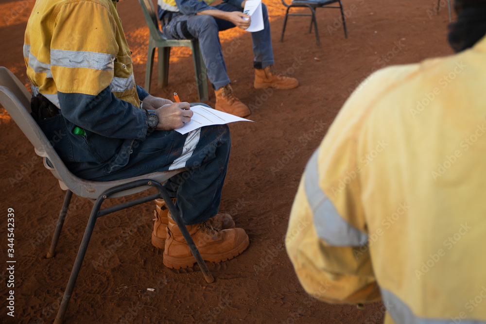 Safety workplace clear pic of construction worker setting on the chair ...