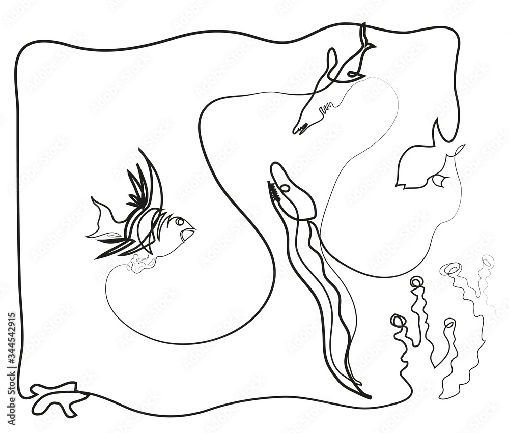One continuous line drawing of sea life and fishes. Fishes swimming in ...