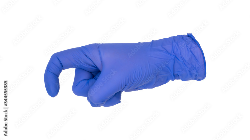 Hand wearing blue nitrile examination glove makes a skin hook gesture ...