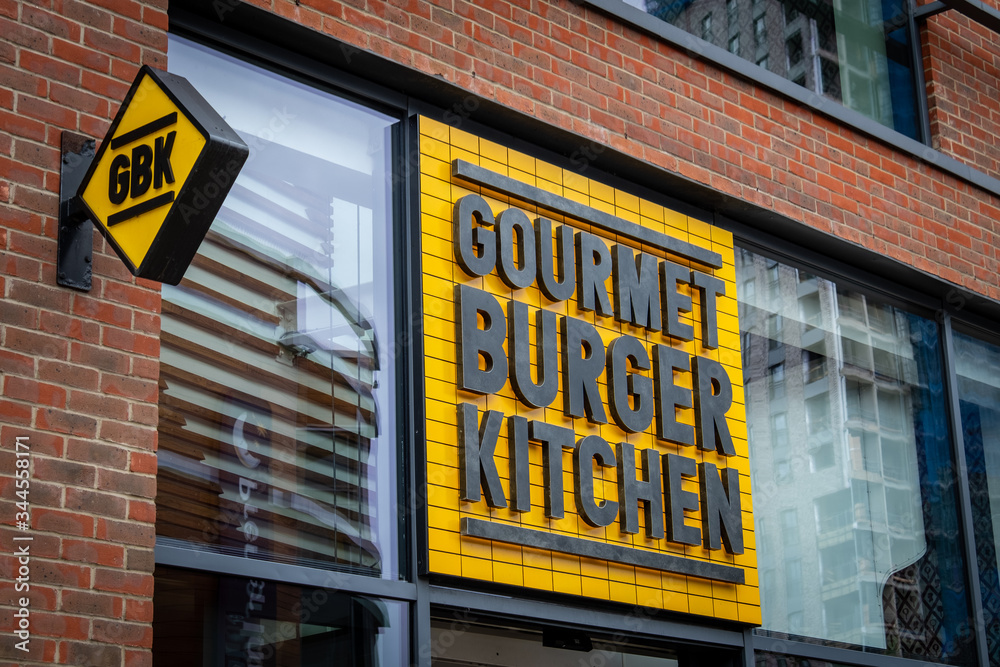 London- Gourmet Burger Kitchen exterior signage- a chain of British ...