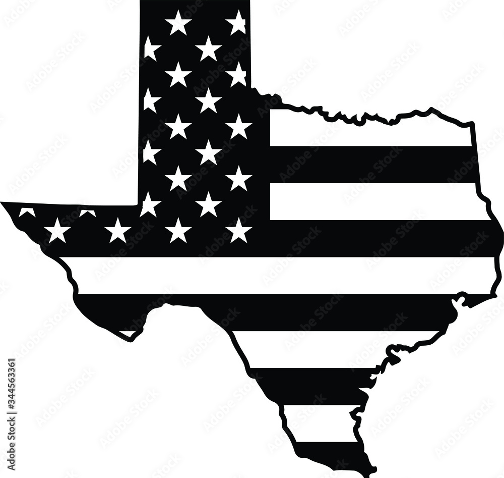 State of Texas Shape Outline with American Flag Inside, Black and White ...