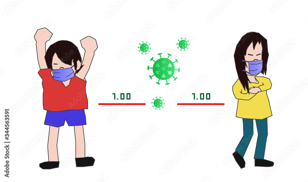 Cartoon two children stand one meter apart, safety distance, protect ...
