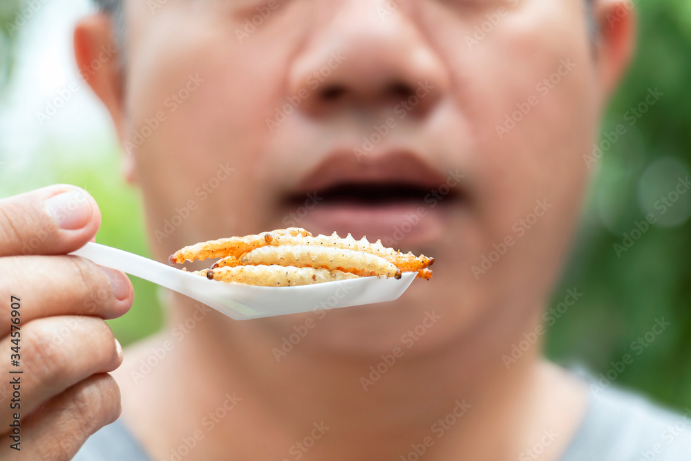 Food Insects: Man eating bamboo worm insect on spoon. Bamboo ...