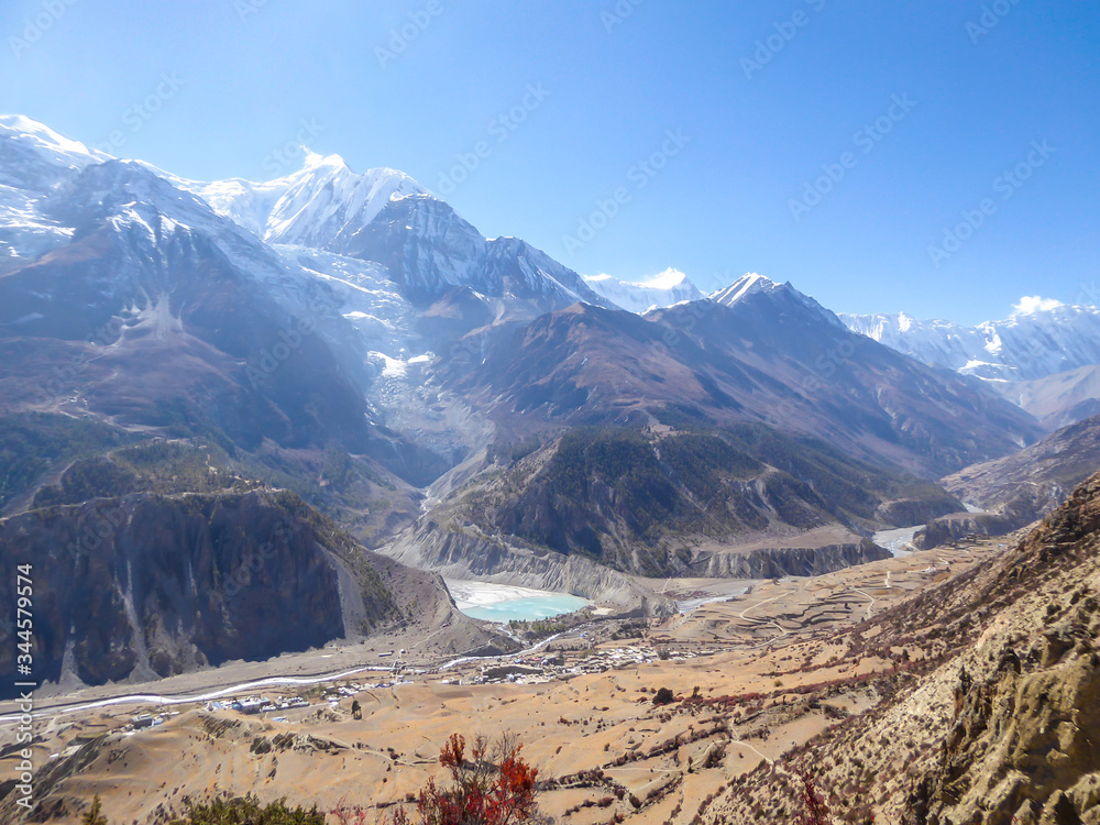 A panoramic view on Manang valley from Praken Gompa, Nepal. High ...