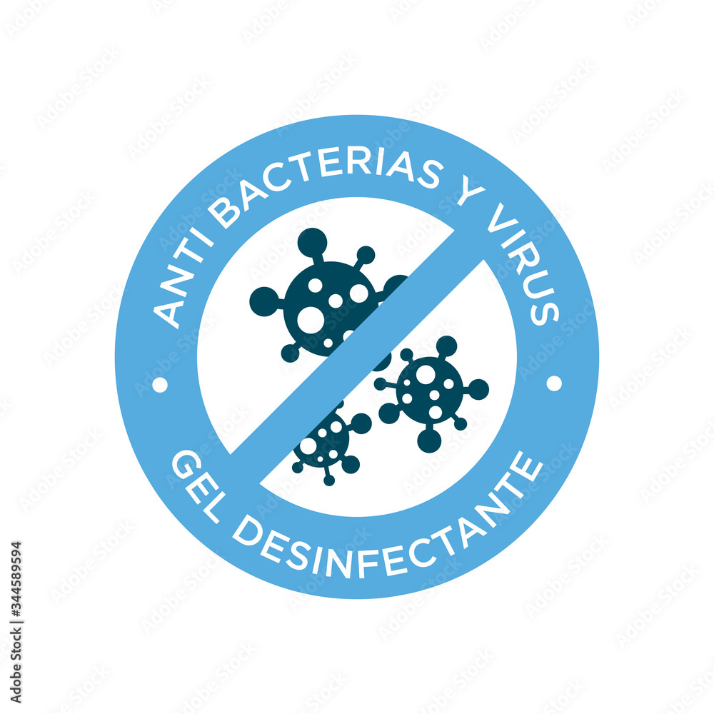 Sanitizer icon written in Spanish. Anti bacterial and virus solution ...
