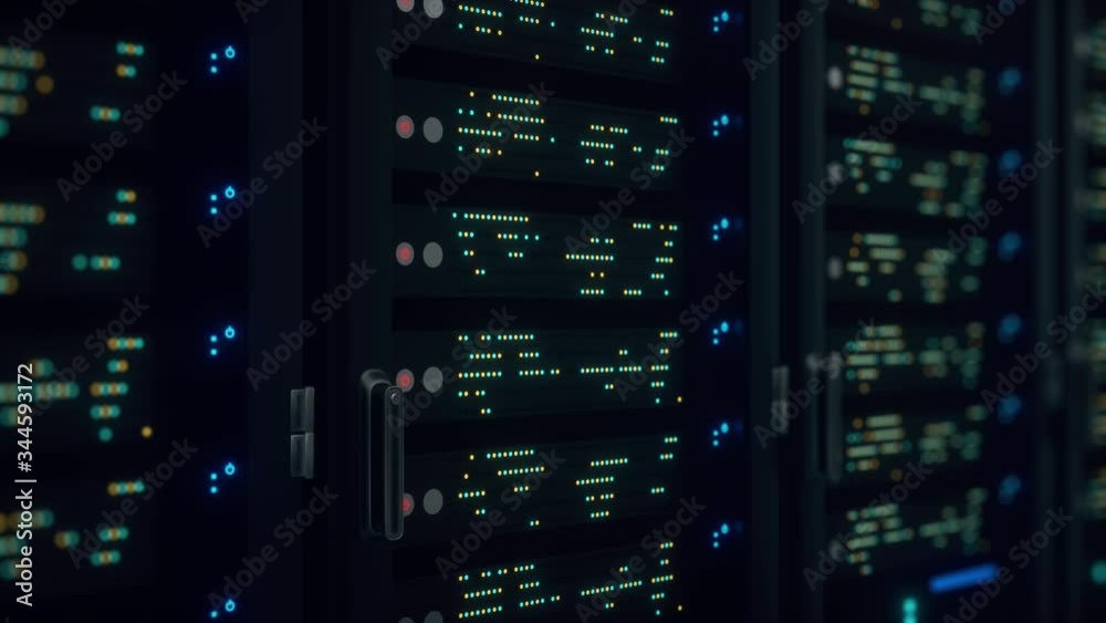 Network and data powerful servers behind glass panels in a server room ...