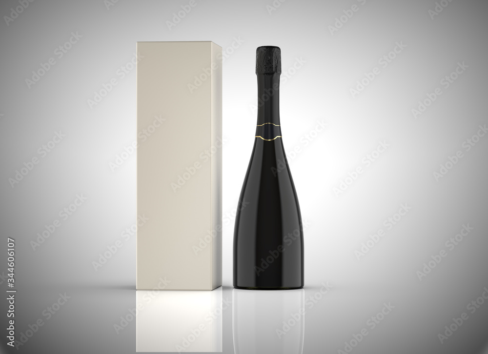 champagne bottle on white background with box, for mockup, packshot, 3d rendering. Stock ...