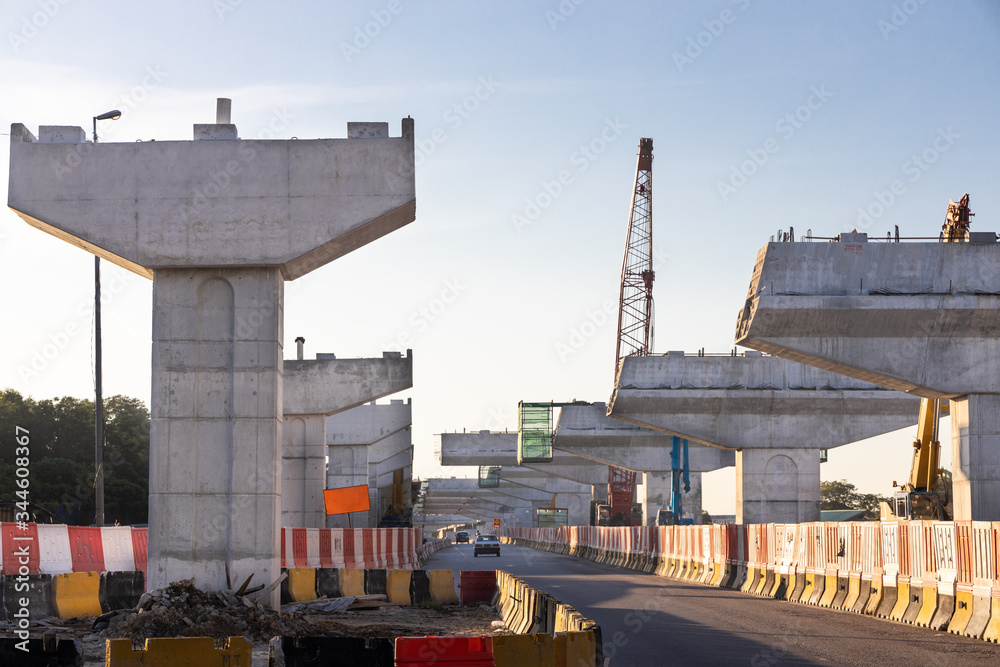 Construction of highway overpass bridge infrastructure in progress with ...