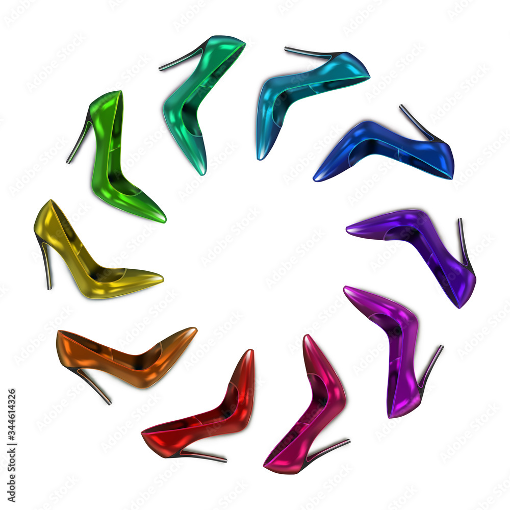 Women's rainbow high-heeled shoes are arranged in a circle. Shoe sale ...