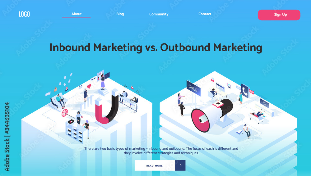 Inbound vs outbound marketing concept vector illustration in isometric ...