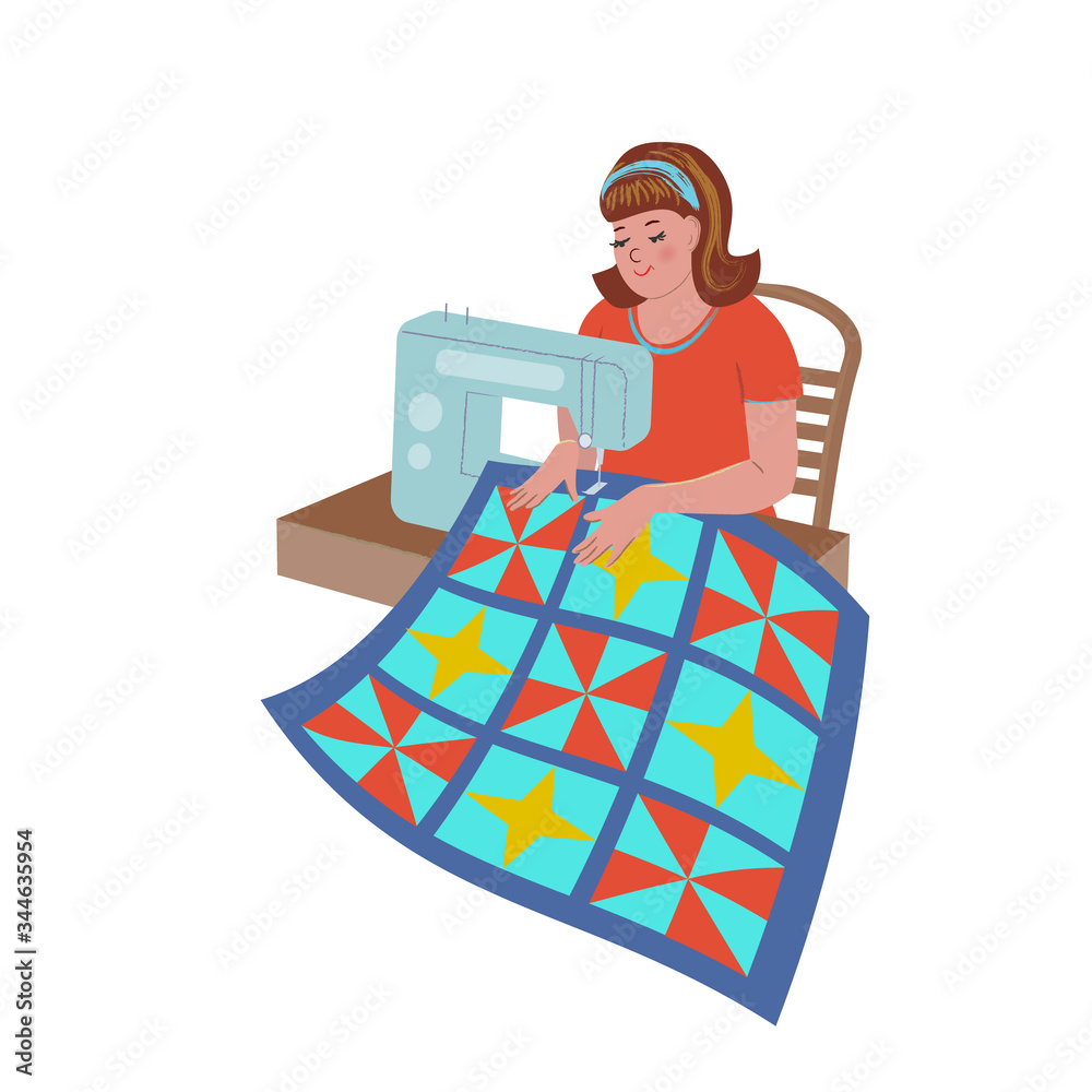 Cheerful cute girl is quilting pattern. Vector isolated illustration ...