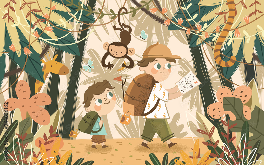 Adventures in the jungle and safari. Children vector illustration of ...
