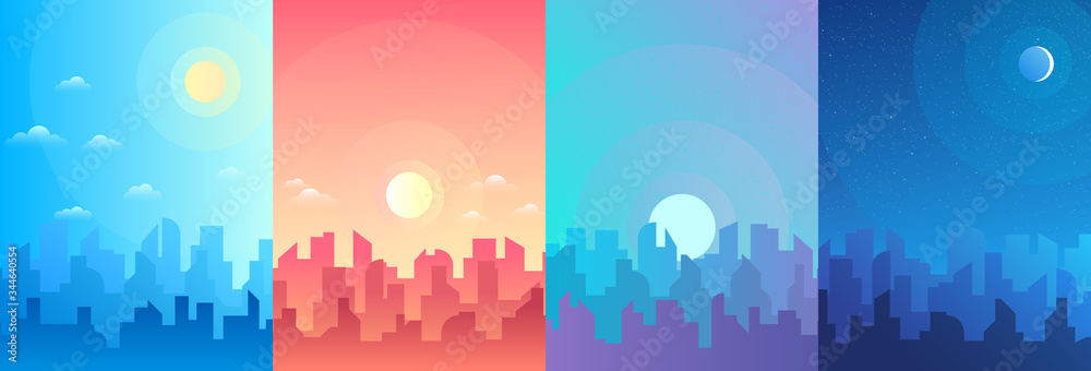 Morning, day and night city skyline landscape, town buildings in ...