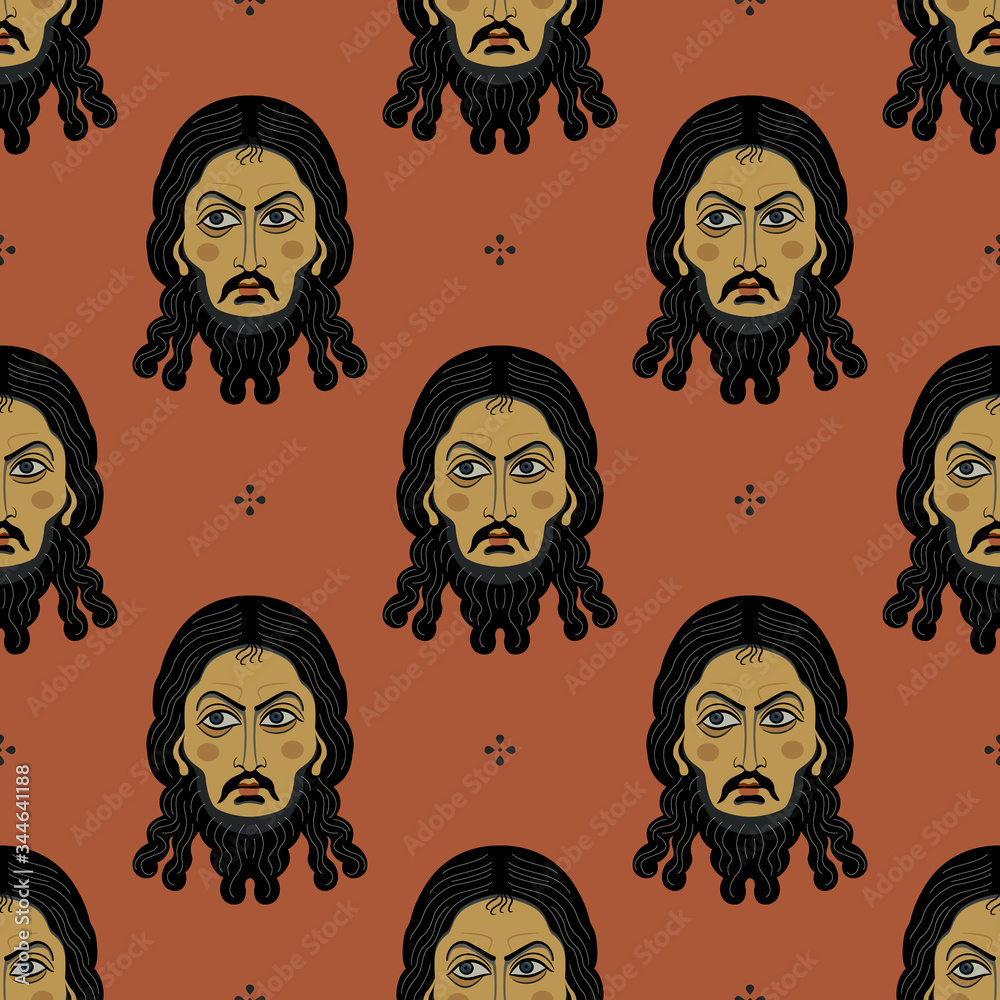 Seamless repeating pattern with heads of Jesus Christ. Russian Orthodox icon. Face of male saint ...
