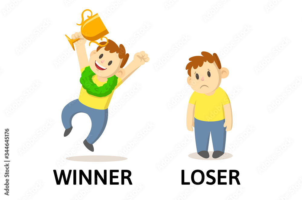 Words WINNER and LOSER flashcard with text cartoon characters. Opposite ...