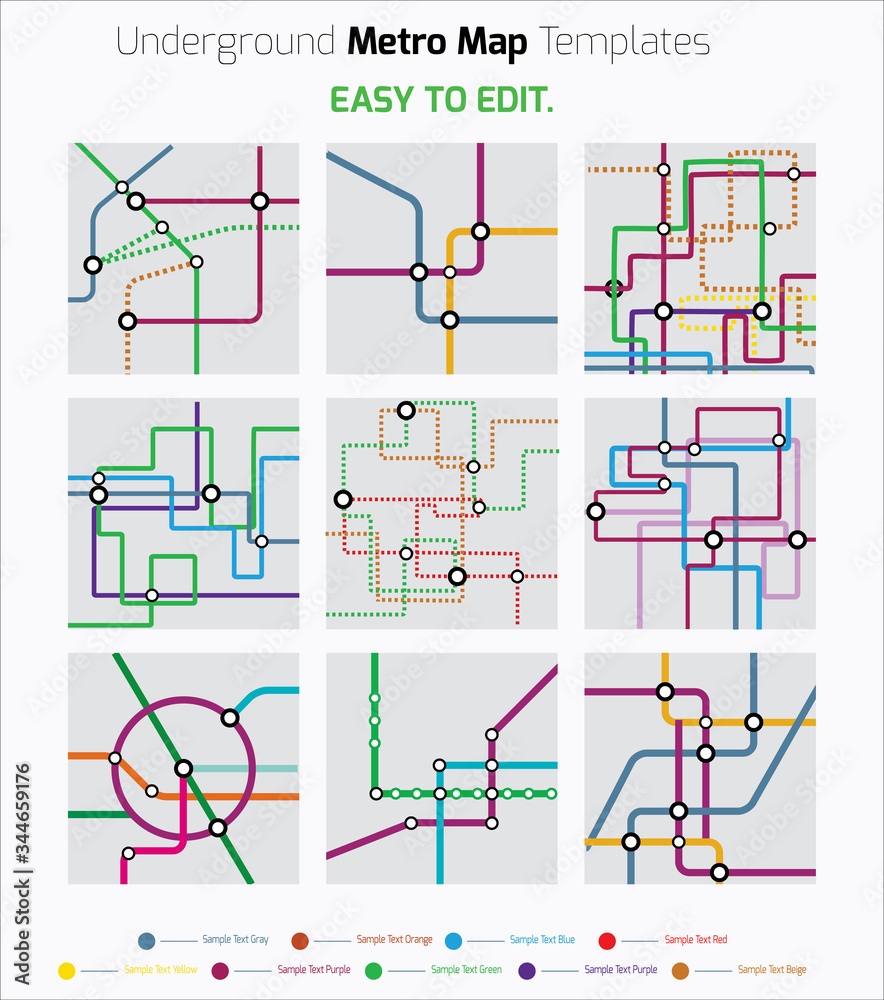 Subway tube map - set of 9 patterns. City transportation vector grid ...