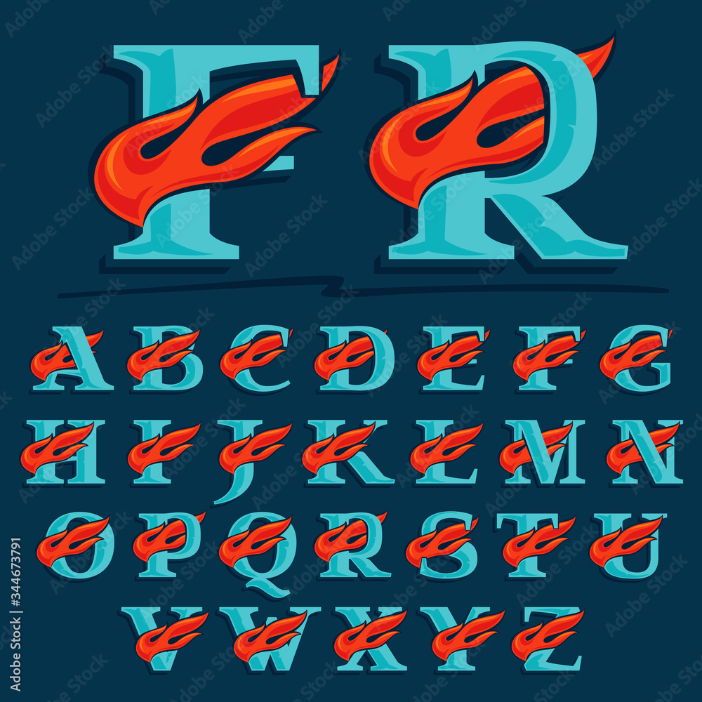Alphabet with fast speed fire. Vintage serif font with line shadow ...