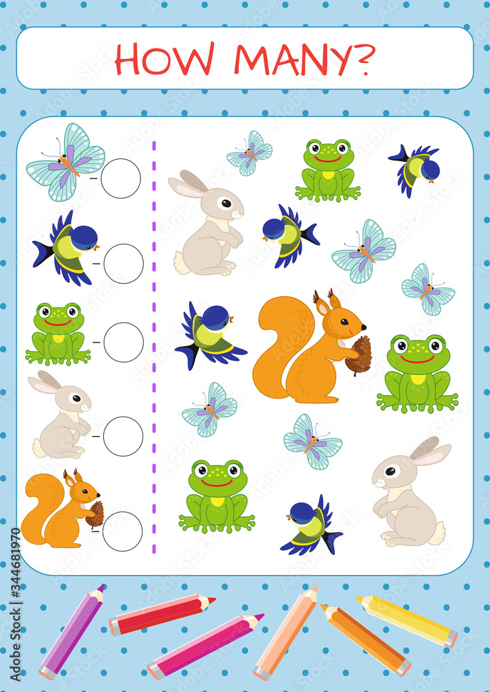 Mini-game for children: how many. Set of funny characters: animals ...