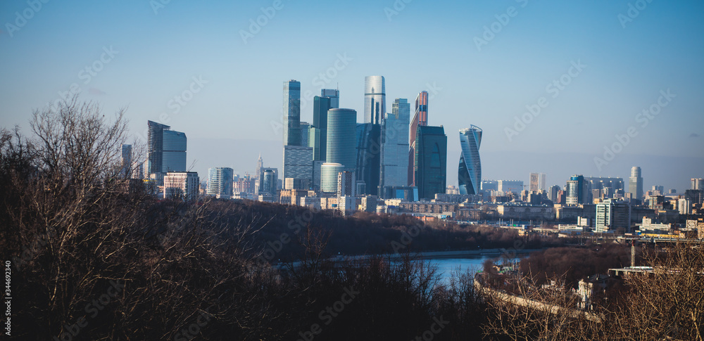 Sunny super-wide angle view from Sparrow Hills (Vorobyovy Gory), Moscow ...
