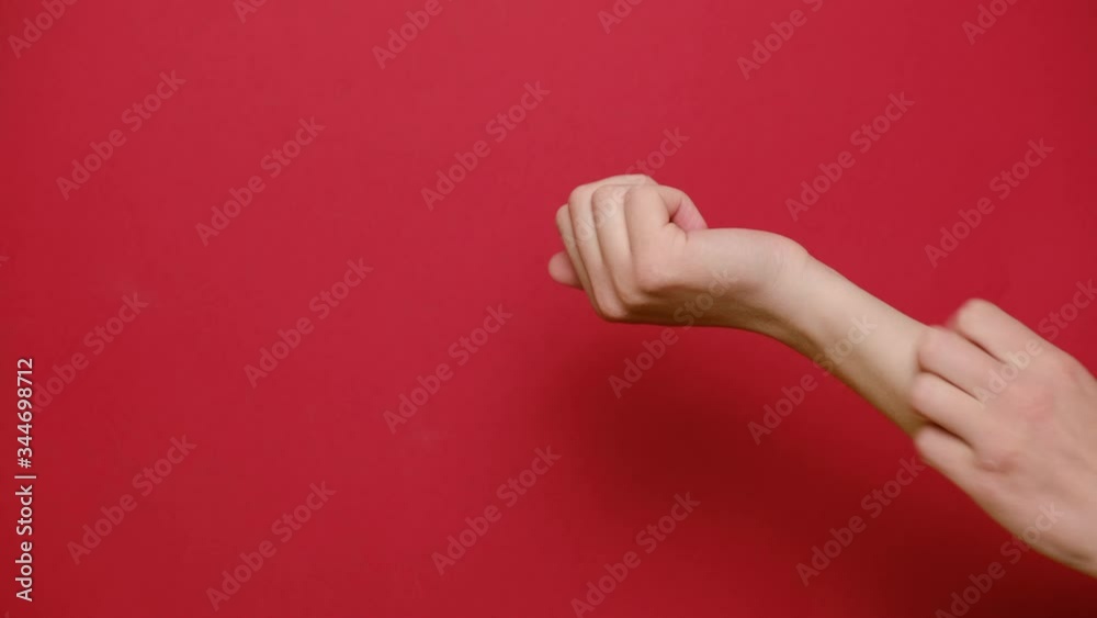 Signs of dermatitis and scabies. Side view close up of woman scratches ...