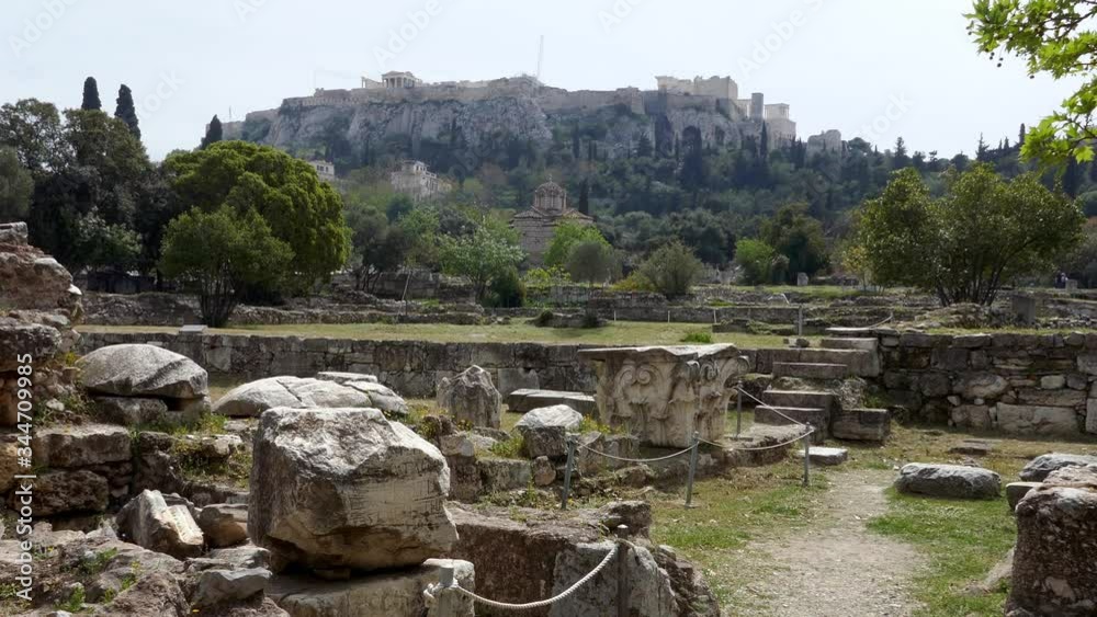 Right to left pan from the Acropolis of Athens ancient citadel located ...