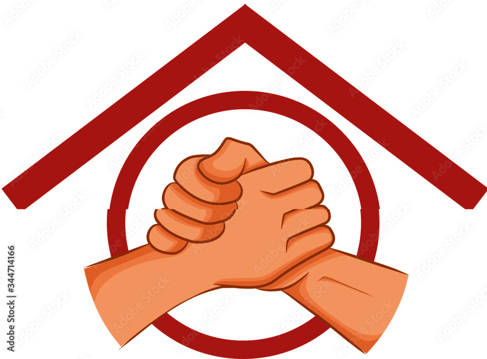 logo illustration of a hand shake under the roof of the house, which ...