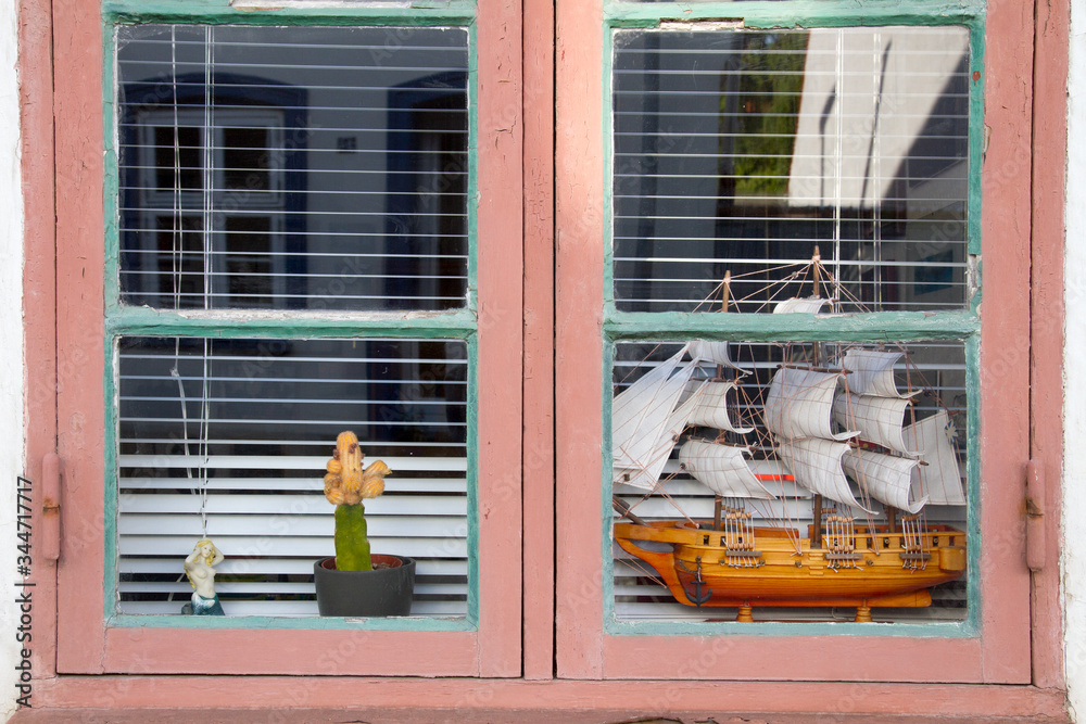 Miniature Model Of Sailing Ship Seen Through Window Of Store Stock ...