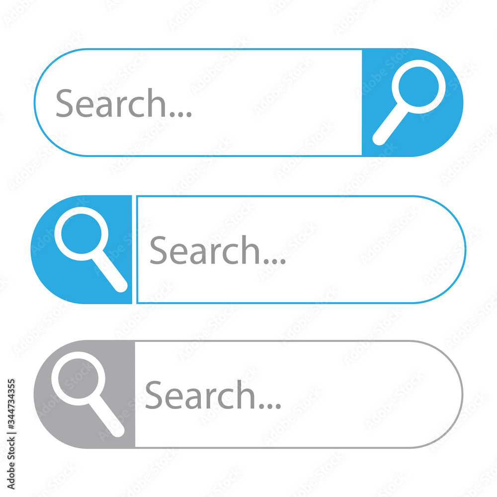 Three different types of internet search bar in blue and gray tone on a ...