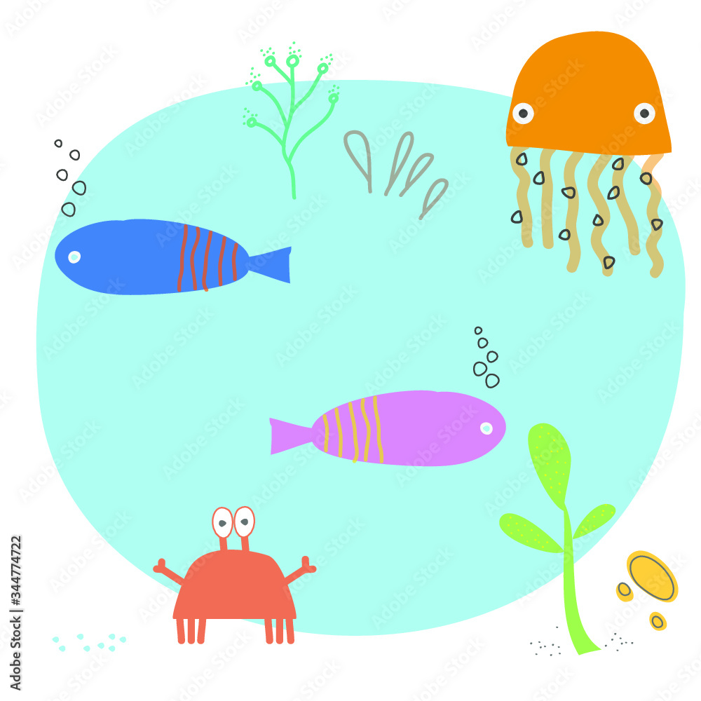 Under the sea, octopus, blue background, marine creatures, illustration ...