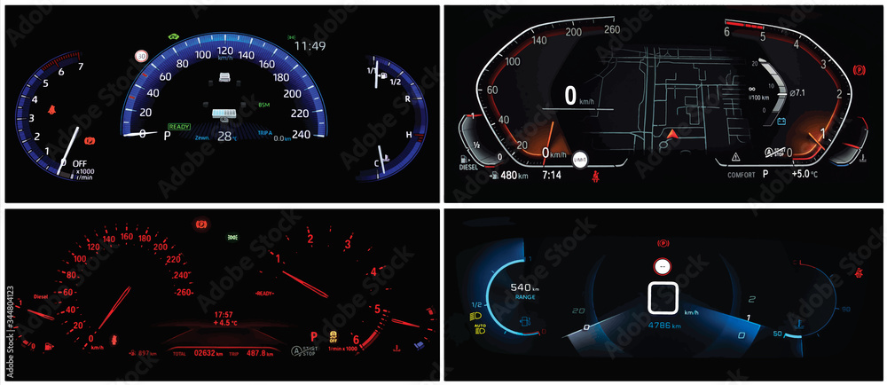 Vector car dashboards collage. Four different types of full digital car ...