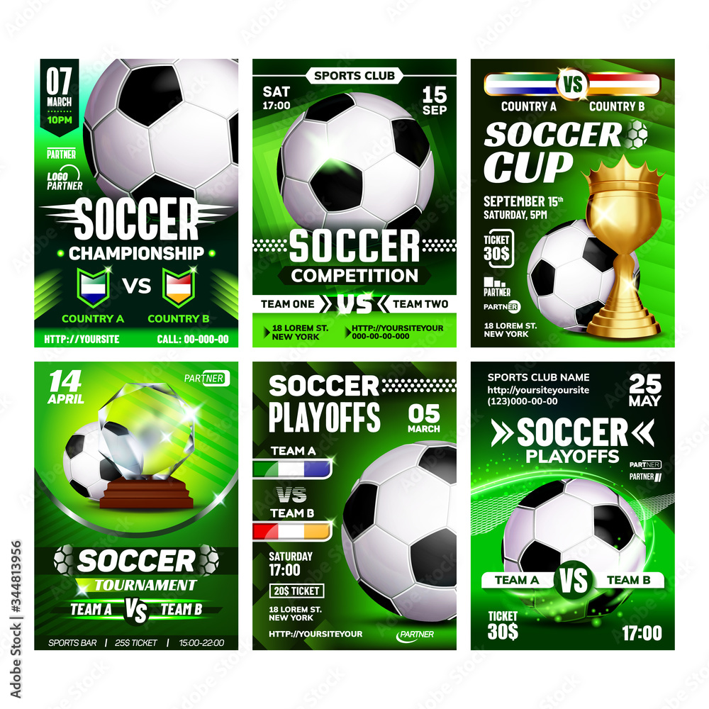 Soccer Sport Event Flyer Promo Posters Set Vector. Soccer Ball And ...