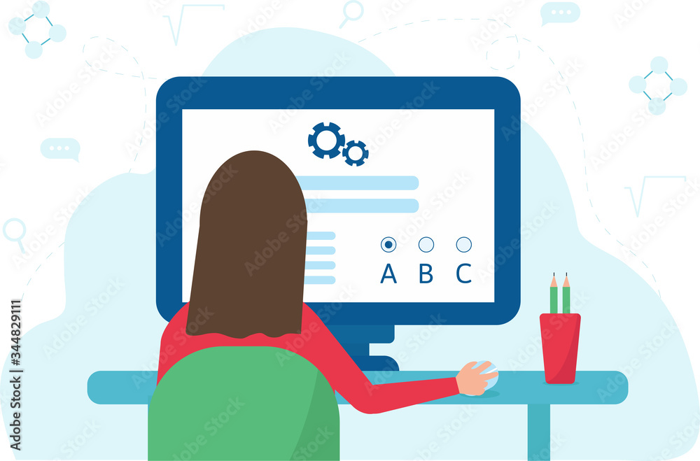 Student Girl in learning process. Online education. back view. Kid ...