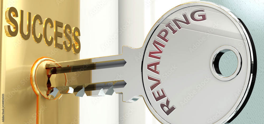 Revamping and success - pictured as word Revamping on a key, to ...