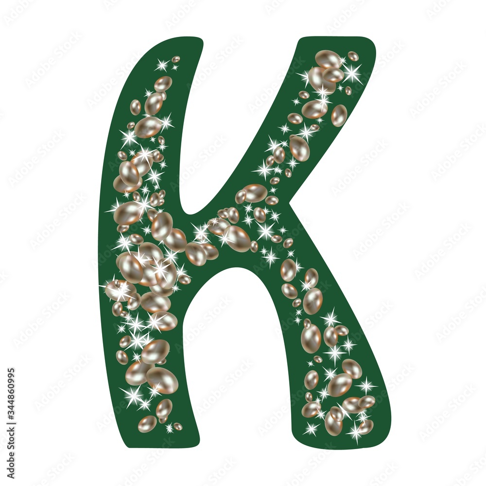 Capital letter K of the alphabet is decorated with jewelry and pearls ...