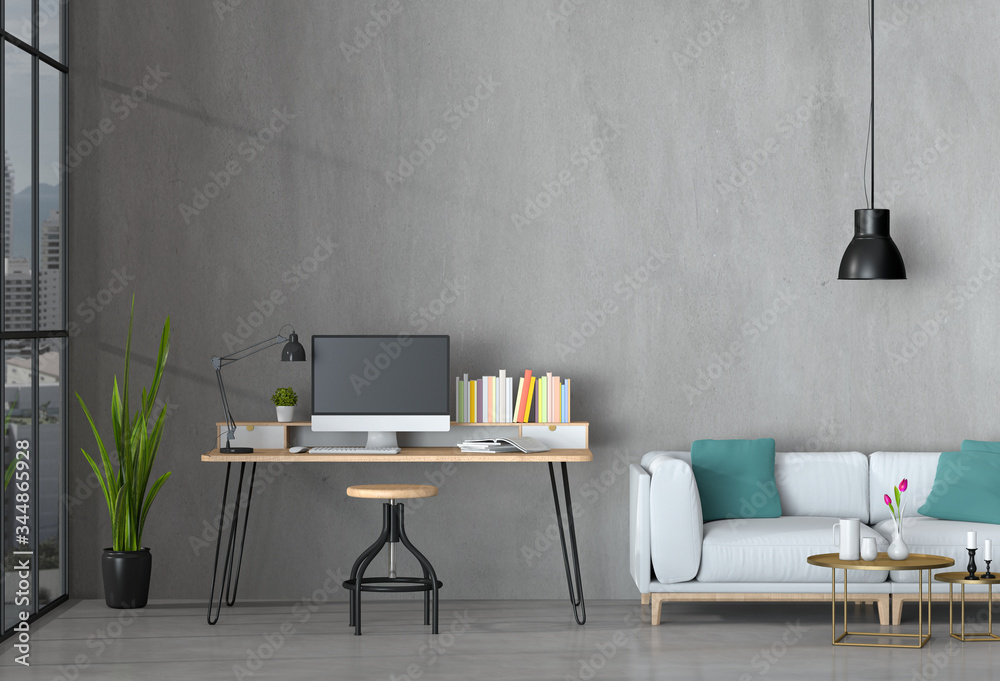 3D render of interior modern living room workspace with sofa, desk ...
