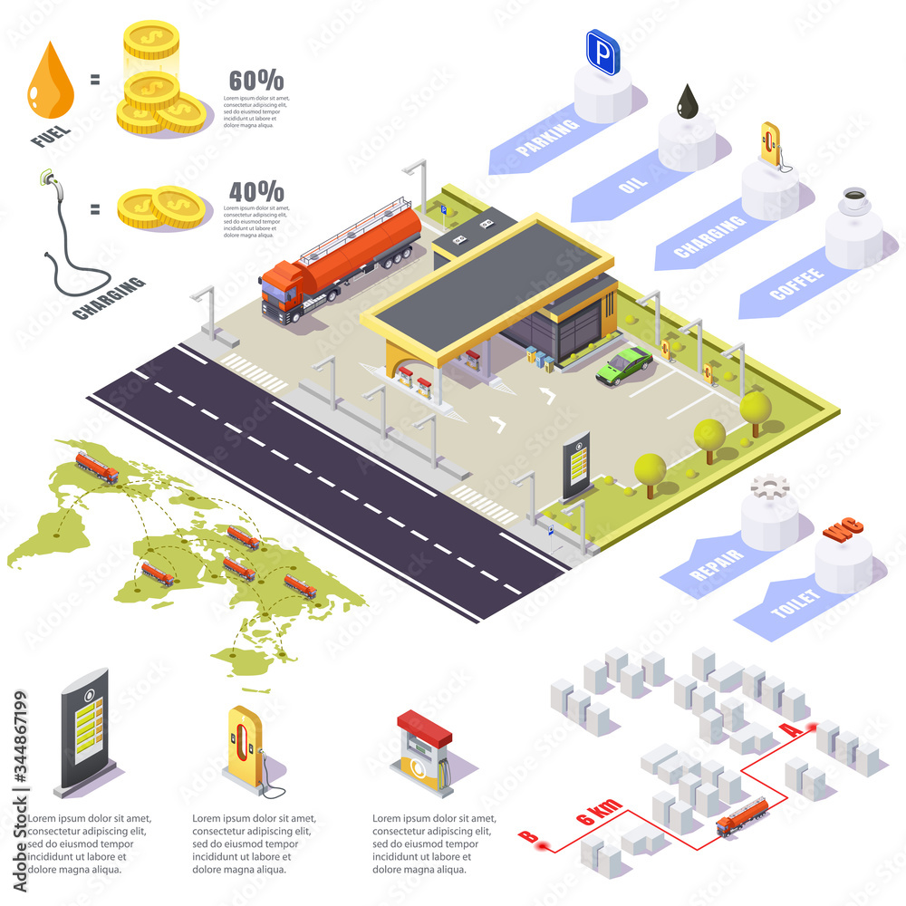 gas station Infographic filling, dangerous substance truck, isometric ...
