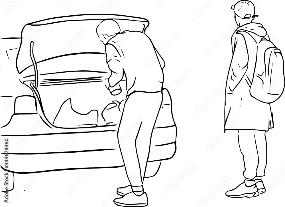 Men in full growth pull out the open trunk of a car and stand in back ...