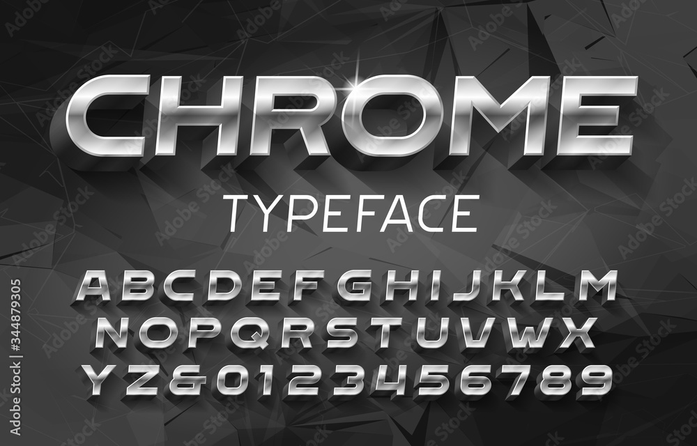Chrome alphabet font. 3D metal effect letters and numbers with shadow ...