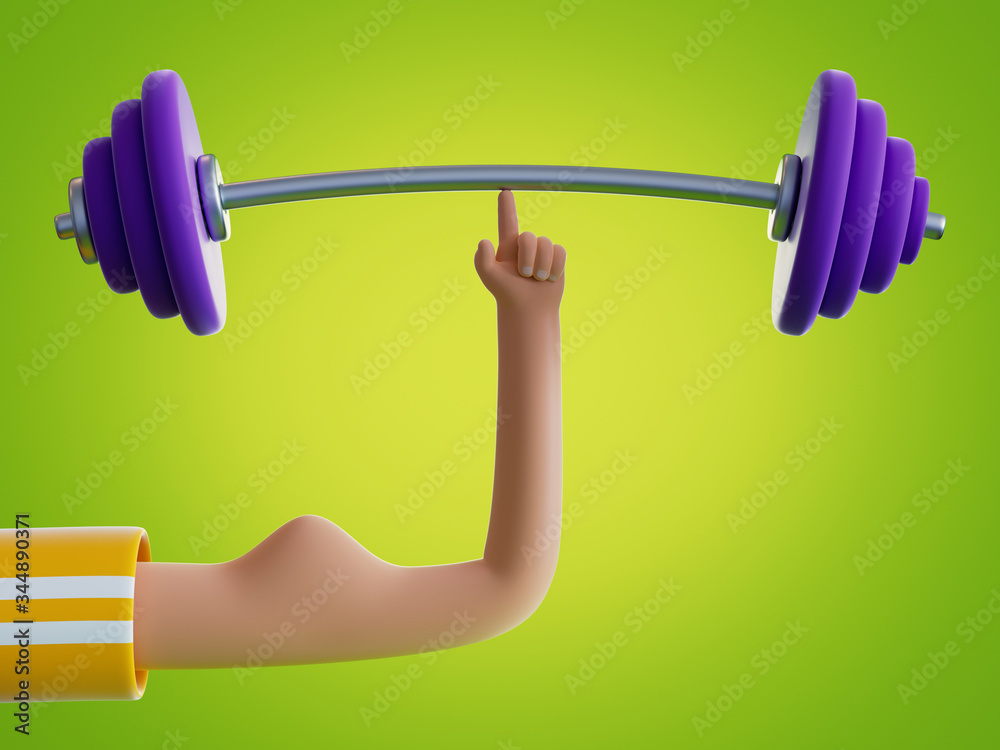 3d render cartoon hand holds barbell with one finger, isolated on green ...