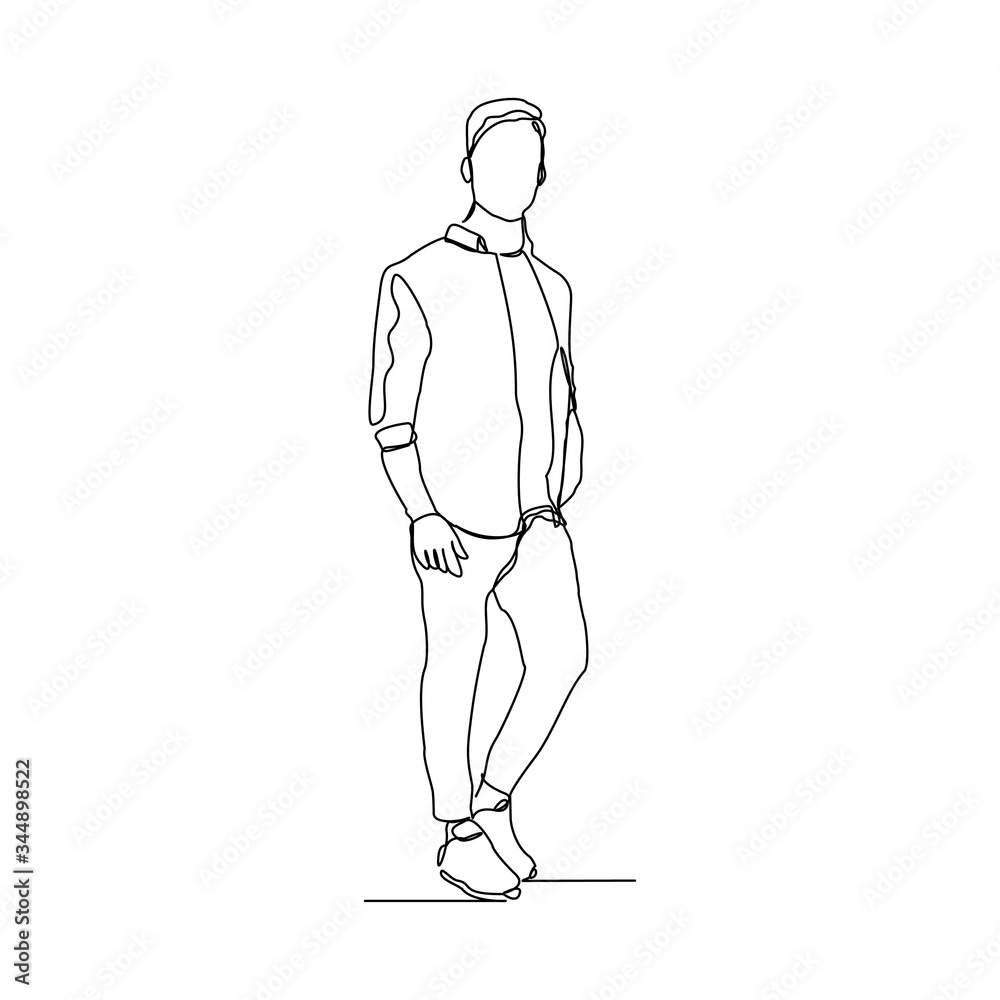 Continuous line drawing of standing young man gesture. Vector ...
