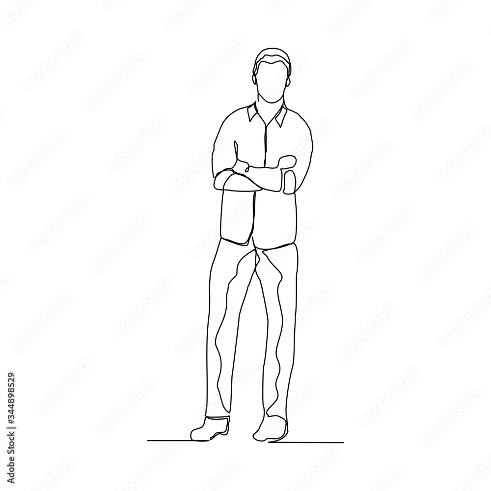 Continuous Line Drawing Of Standing Man Crossing Hand Gesture Vector
