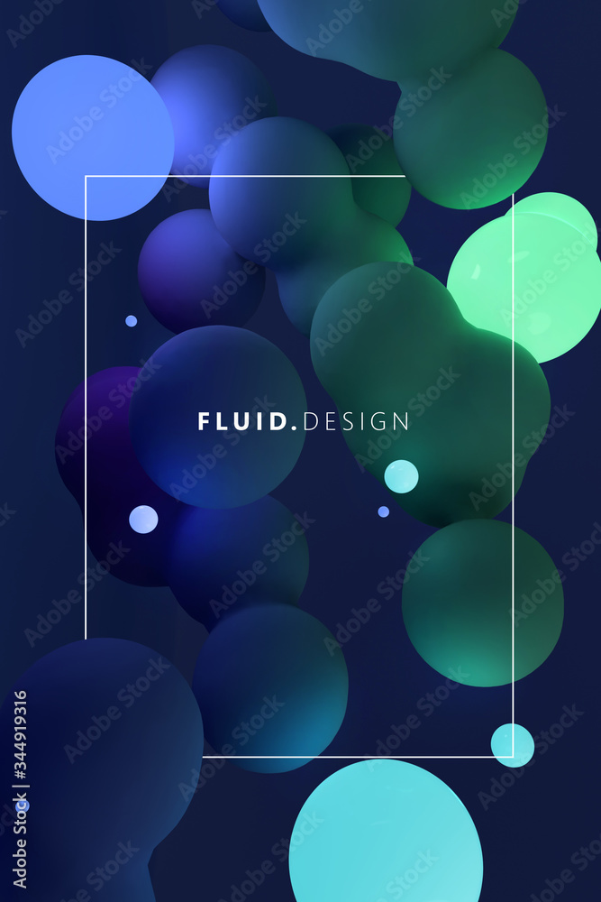 3d image of gradient holographic floating fluid blobby bubbles in blue and green colors and ...