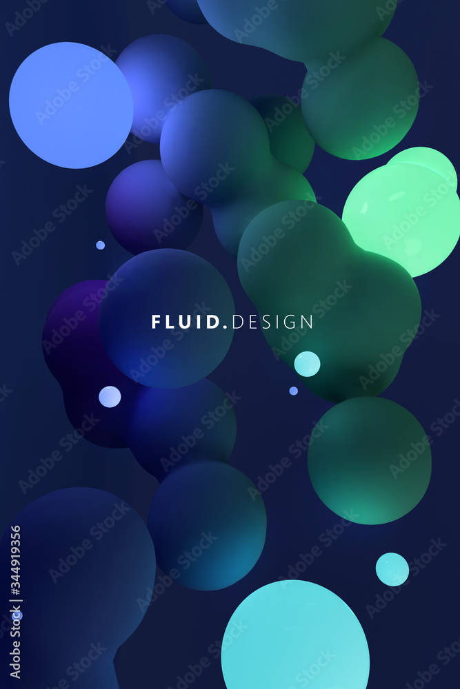 3d image of holographic gradient floating fluid blobby bubbles in blue ...