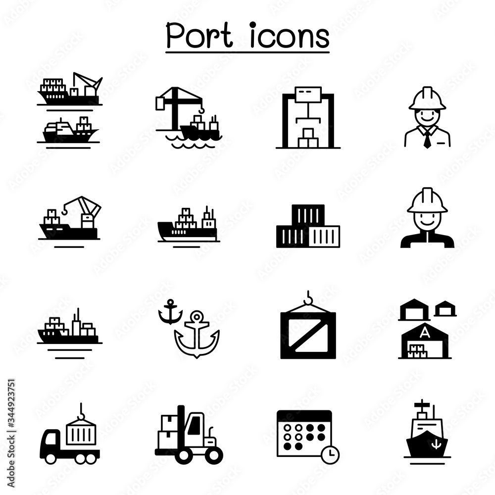 Set of marine port related vector icons. contains such Icons as boat ...